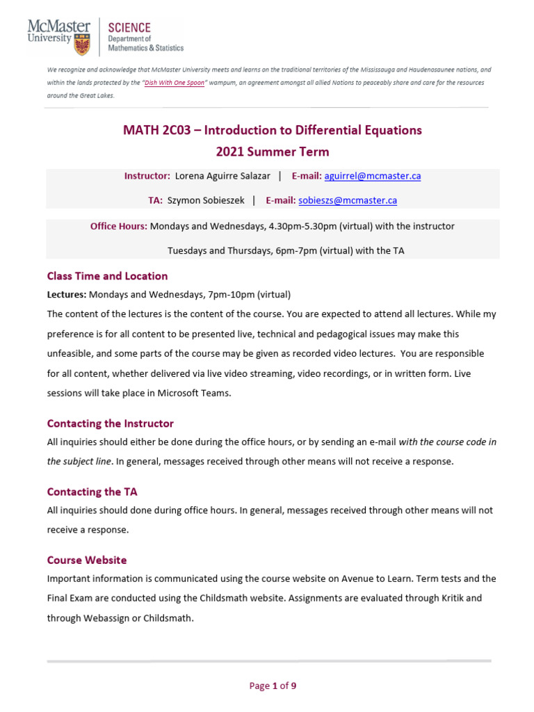 MATH 2C03 Introduction To Differential Equations - S2021 | PDF | Equations | Academic Integrity