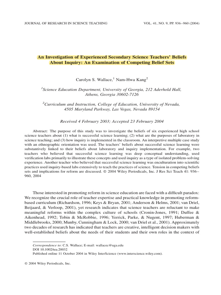 An Investigation of Experienced Secondary Science Teachers' Beliefs | PDF | Inquiry Based ...