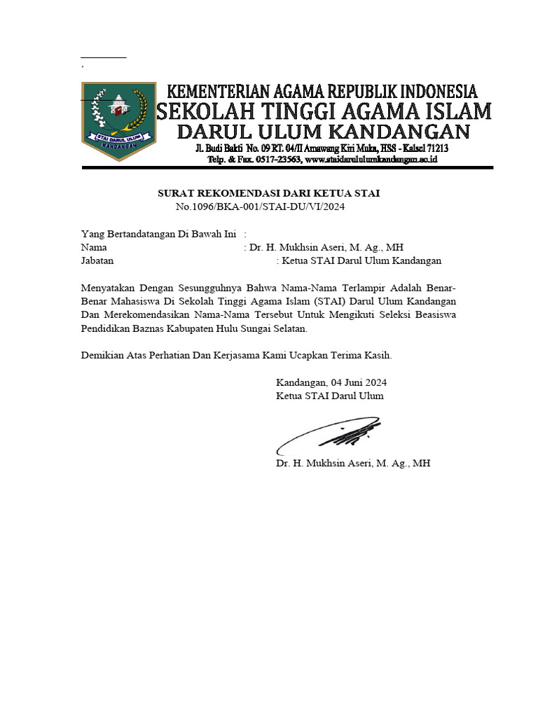 Surat Rekomendasi Baznas 2024 | PDF