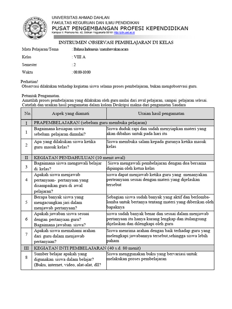 Instrumen Observasi Pembelajaran Di Kelas | PDF