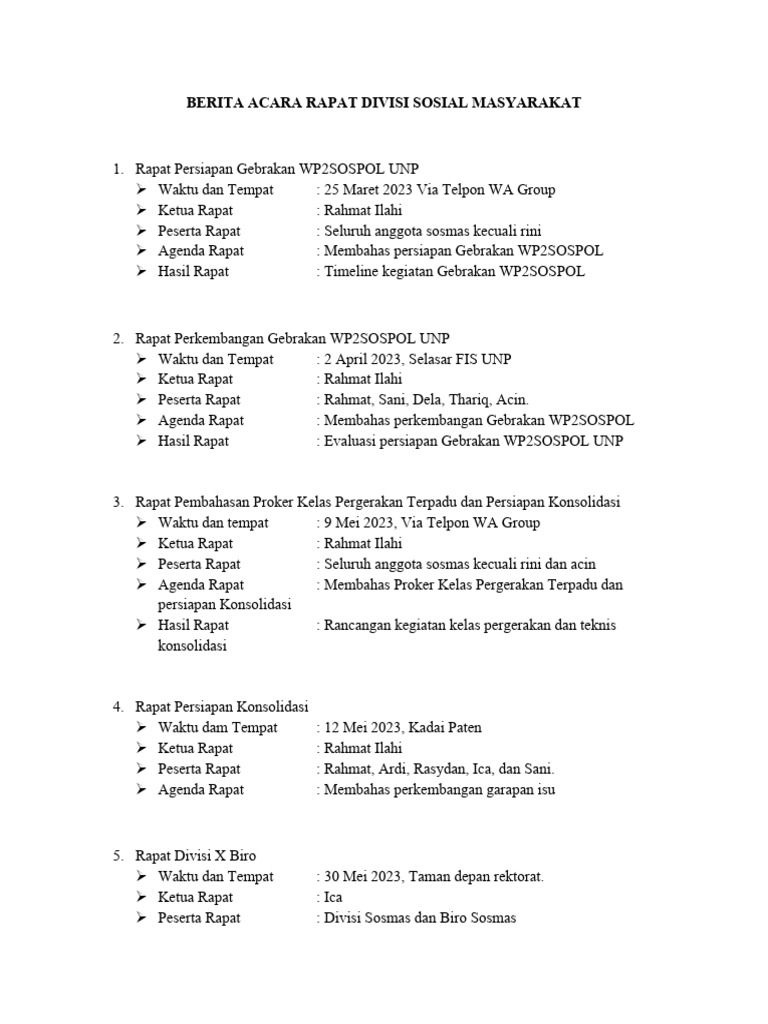 Berita Acara Rapat Divisi Sosial Masyarakat | PDF | Karier ...