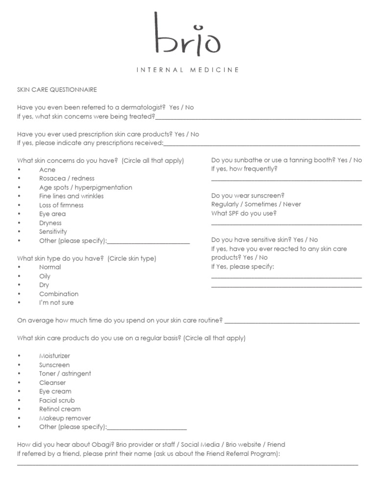 Skin Care Questionnaire | PDF | Skin Care | Sensory Organs