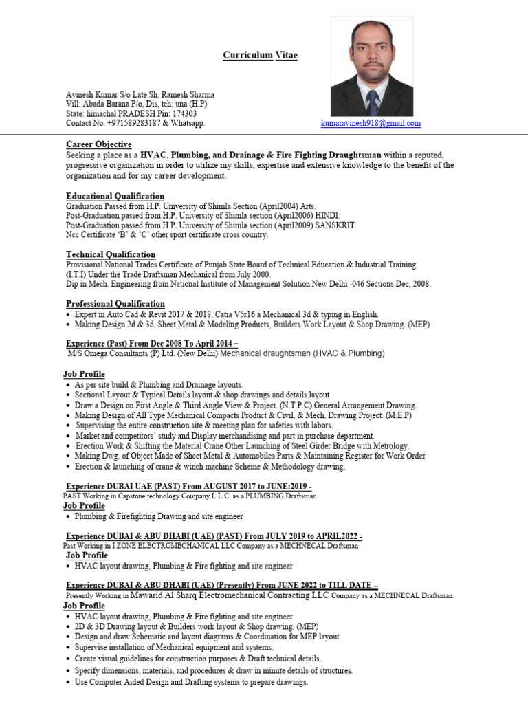 Sub - Avinesh CV Mep Draftsman Mechanical (+971589283187) | PDF ...