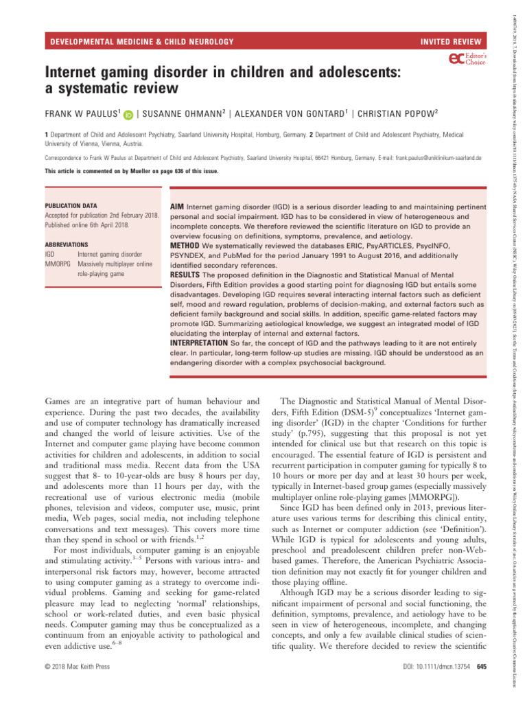 Internet Gaming Disorder in Children and Adolescents-A Systematic ...