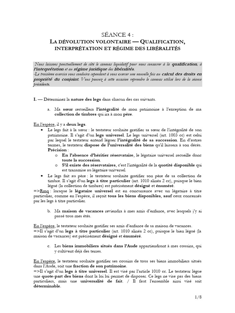 Qualification des legs et validité testamentaire | PDF | Testament ...