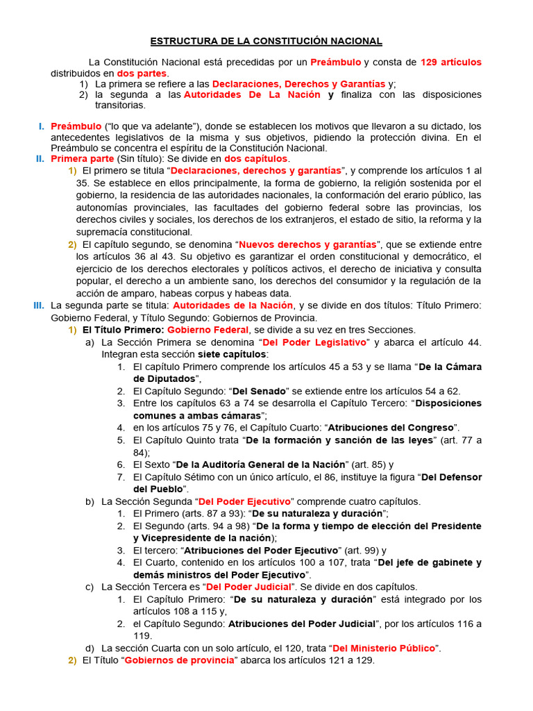 Estructura De La Constitución Nacional Pdf Constitución Cartas