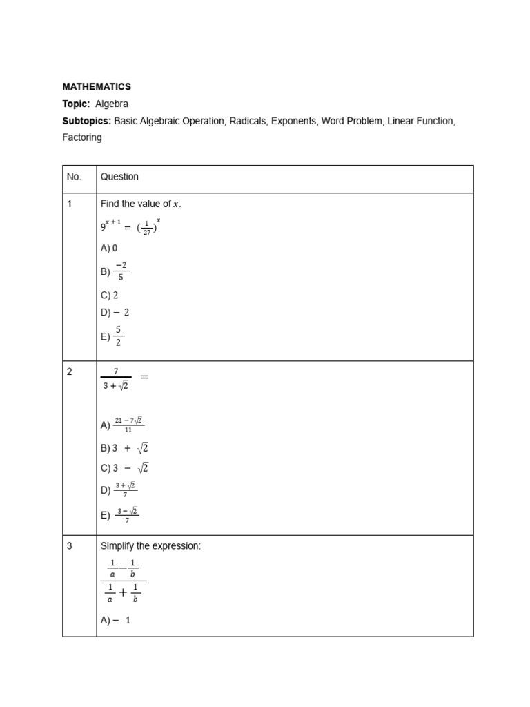 1 - Mathematics - Algebra - UPCAT Practice Test 1 - QN | PDF | Algebra ...