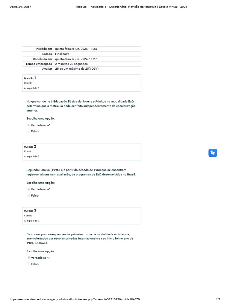 Módulo I - Atividade 1 - Questionário - Revisão Da Tentativa - Escola Virtual - 2024 | PDF ...