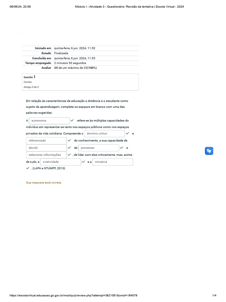 Módulo I - Atividade 3 - Questionário_ Revisão da tentativa _ Escola Virtual - 2024 | PDF ...
