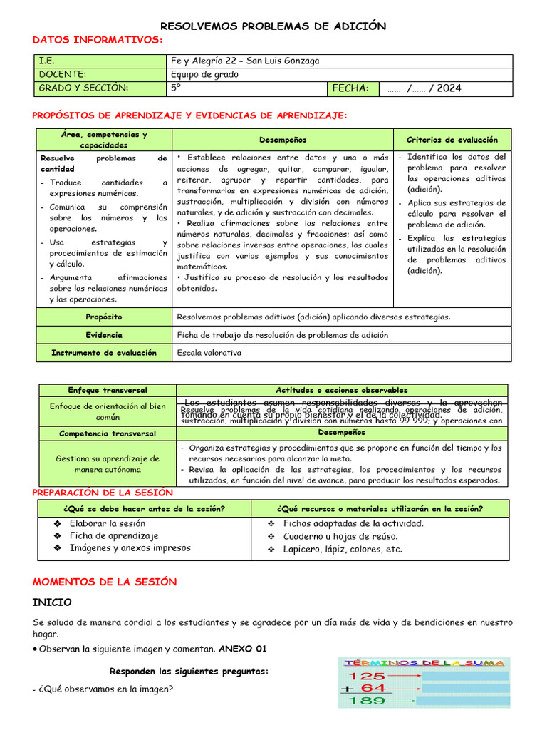 SES-MAT-RESOLVEMOS PROBLEMAS DE ADICIÓN | PDF | Evaluación | Aprendizaje