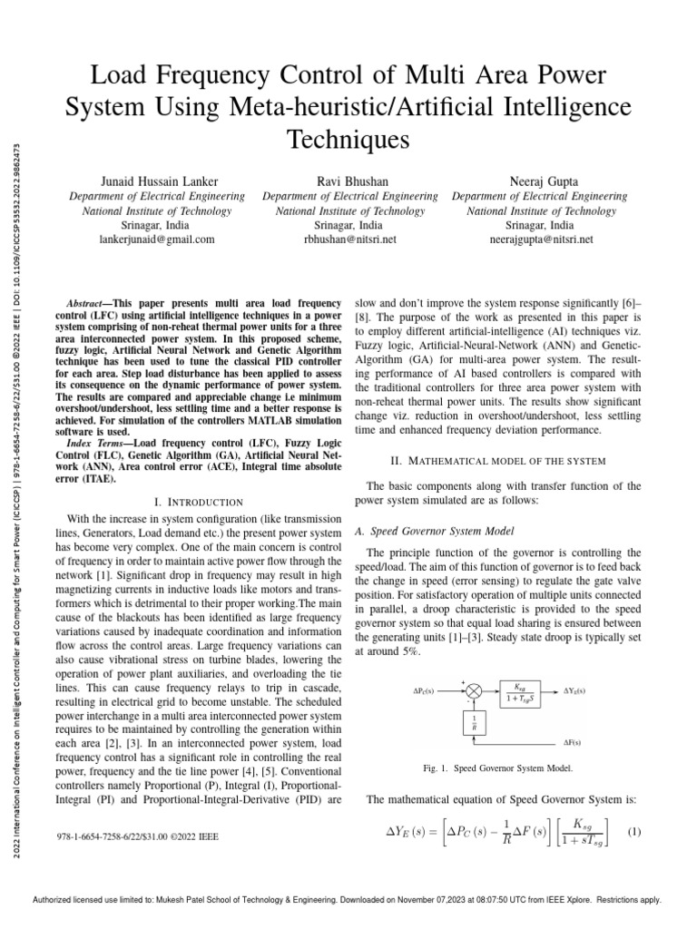Load Frequency Control of Multi Area Power System Using Meta-Heuristic - Artificial Intelligence ...