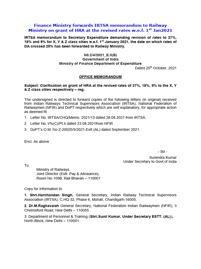 Revised Rates 27-18-9 of HRA From January 2021 in Lieu of July 2021 | PDF