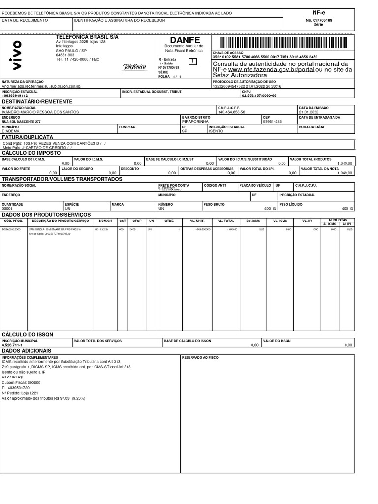 Nota Fiscal Do Celular | PDF | Recibo | Brasil