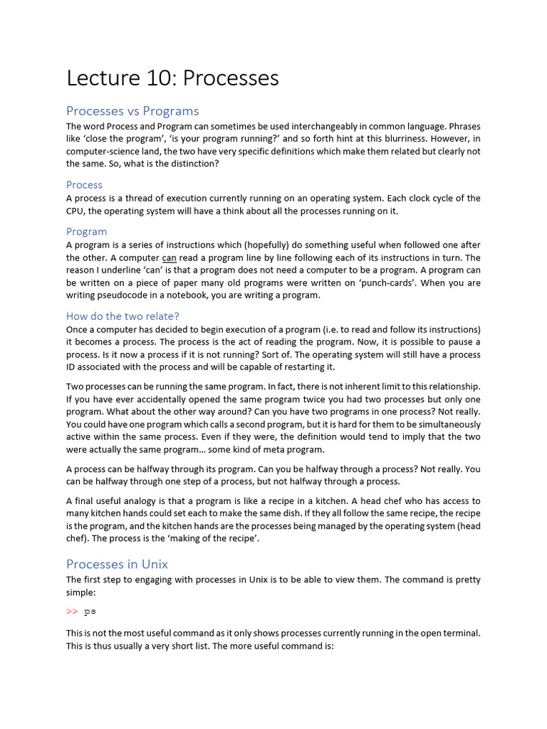 Lecture L10 Processes Notes Pdf Computing Computer Engineering