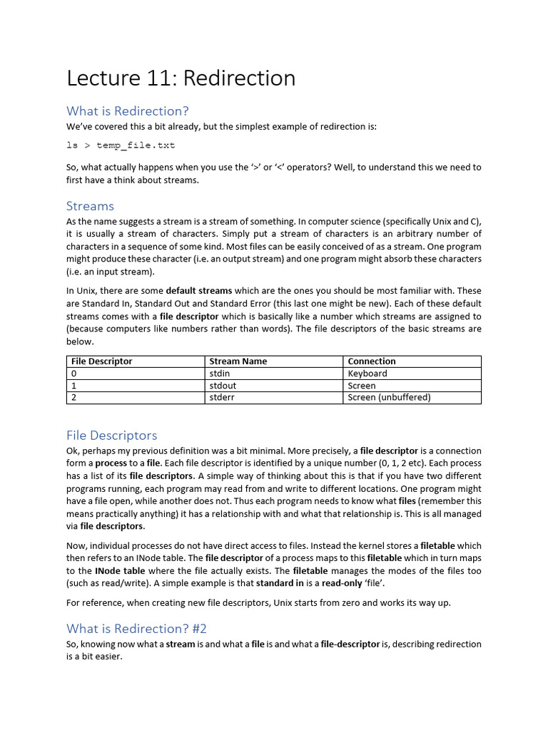 Lecture L11 Redirection Notes Pdf Computer Programming Unix 0379