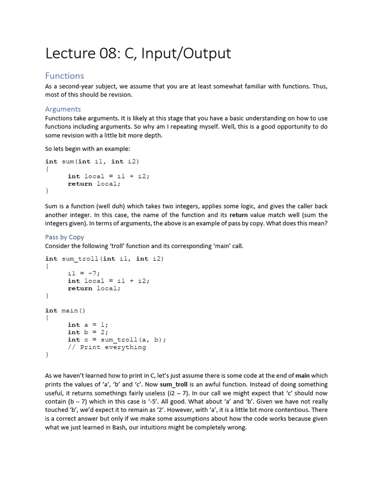 C Functions: Input/Output Basics | PDF | Parameter (Computer Programming) | Pointer (Computer ...