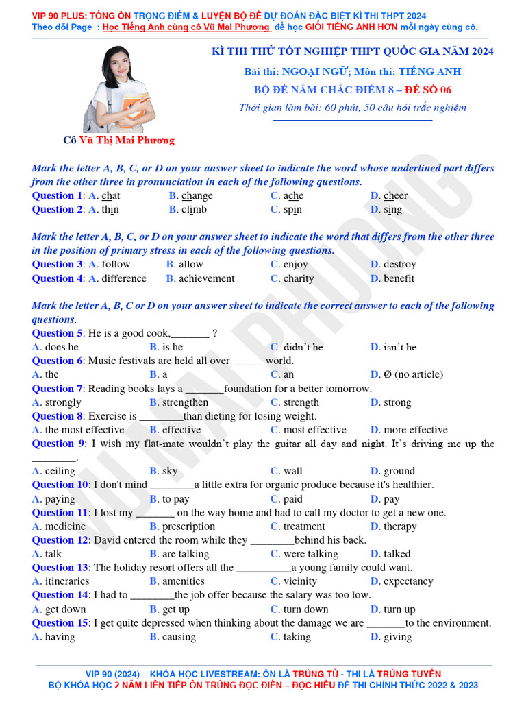 [ Cô Vũ Mai Phương ] Bộ đề nắm chắc điểm 8 cho mùa thi 2024 - Đề số 06 | PDF | Time Management ...