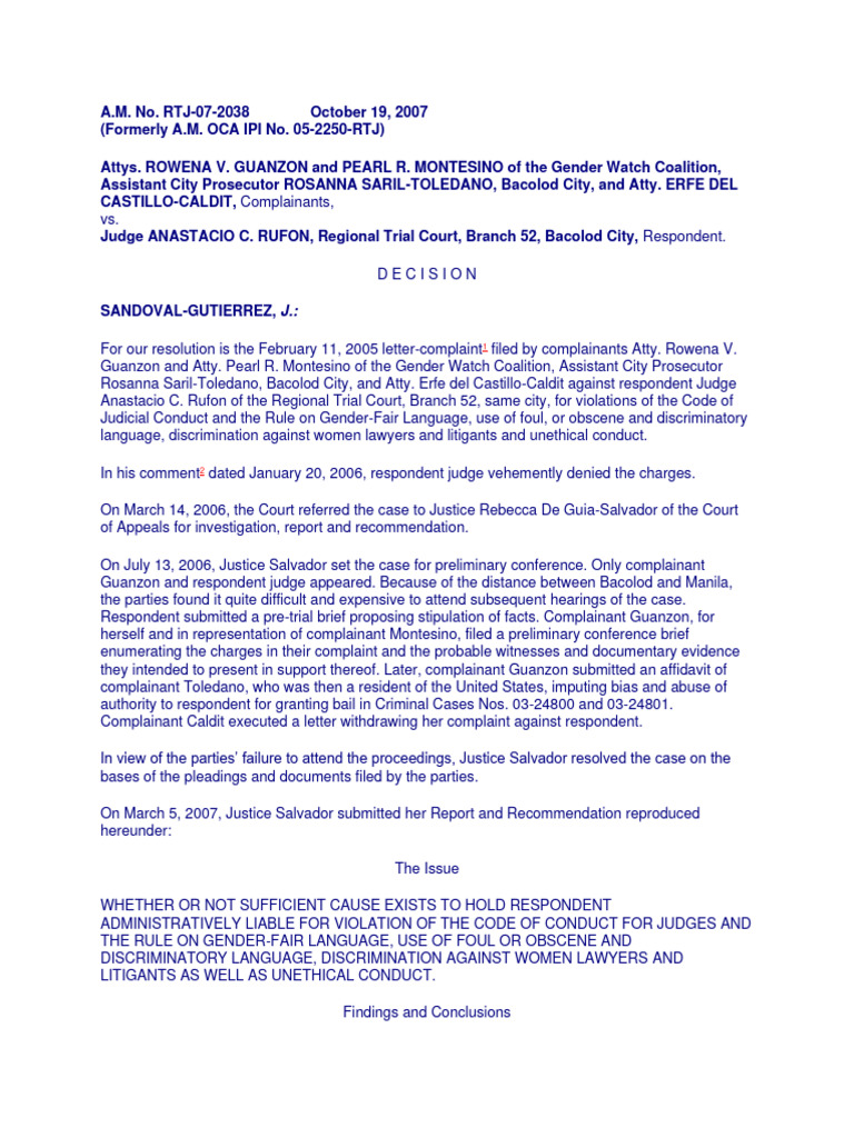Guanzon v. Rufon, A.M. No. RTJ-07-2038, October 19, 2007, (Formerly A.M. OCA IPI No. 05-2250-RTJ ...
