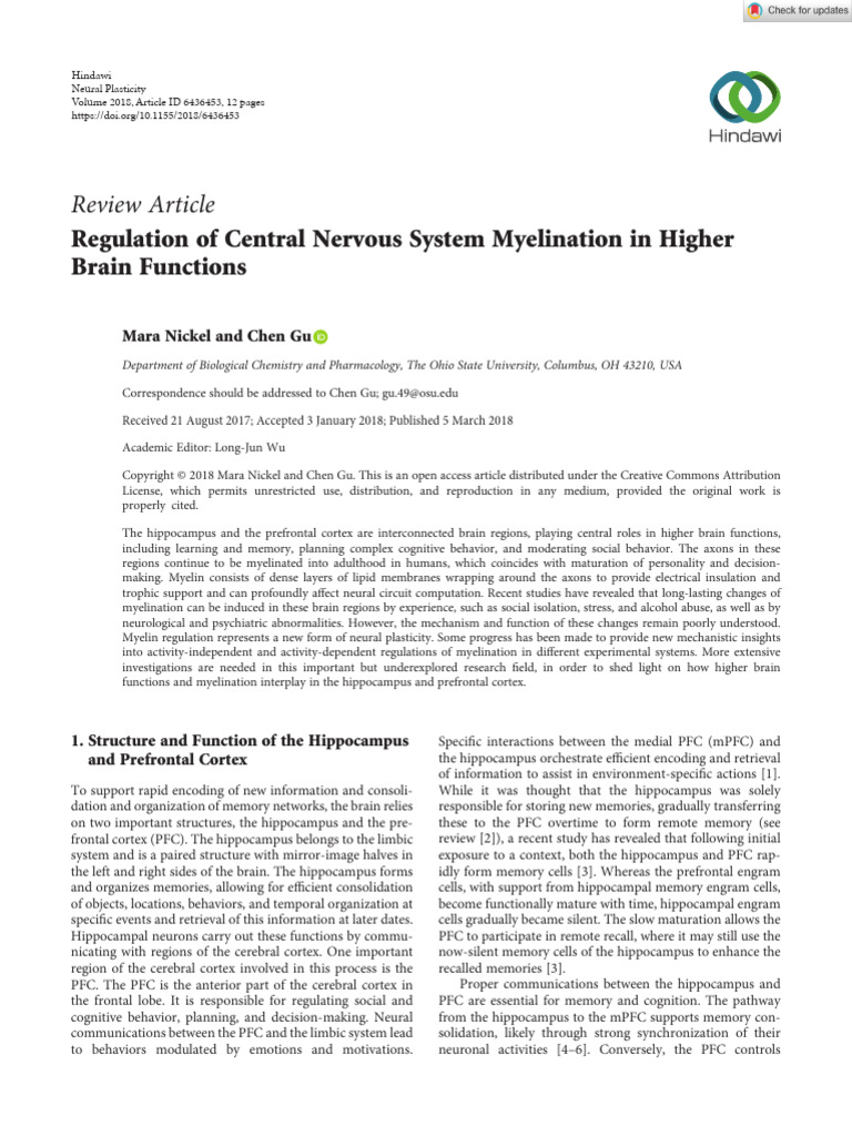 Regulation of Central Nervous System Myelination in Higher Brain ...