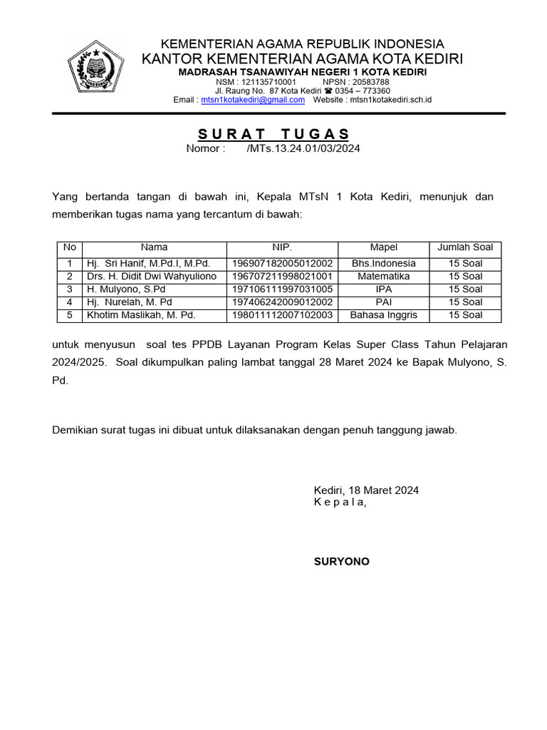 Surat Tugas Penyusun Soal PPDB | PDF