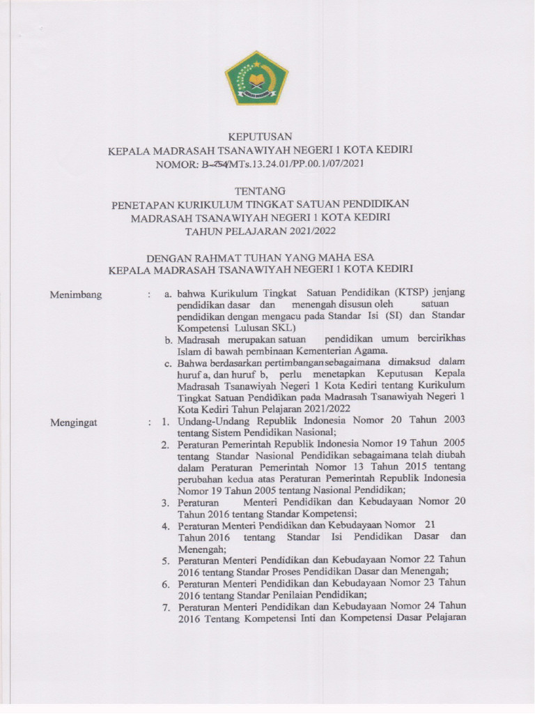 4. Sk Penetapan Kurikulum Tingkat Satuan Pendidikan | PDF