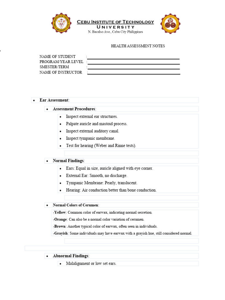 Health Assessment Notes | Download Free PDF | Lung | Ear