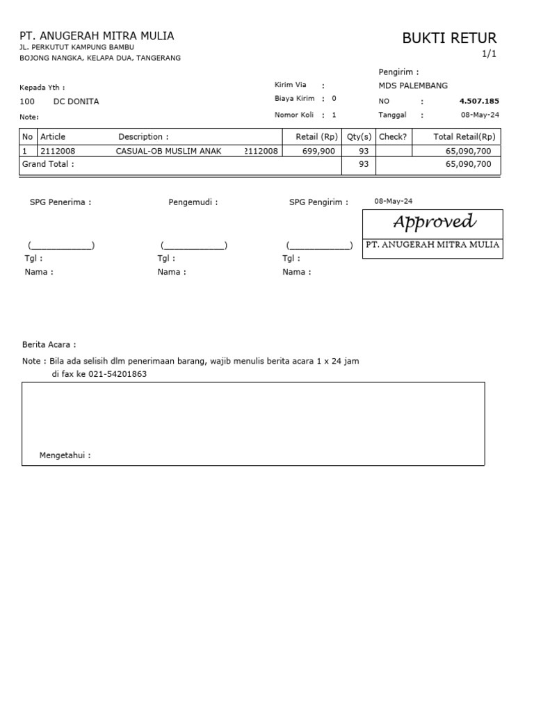Approved: Bukti Retur | PDF
