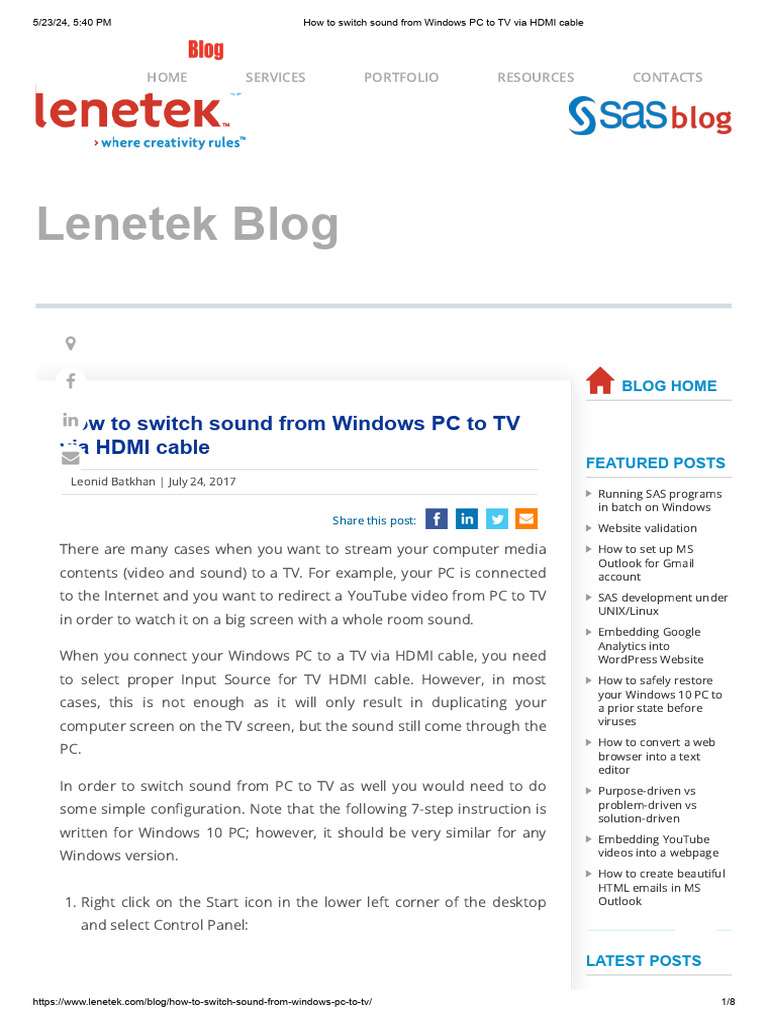 How to Switch Sound From Windows PC to TV via HDMI Cable | Download ...