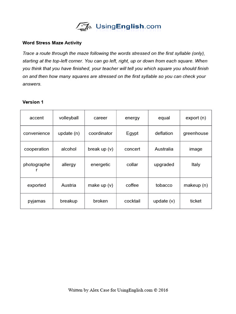 ESL Word Stress Maze Activity | PDF | Linguistics | Languages