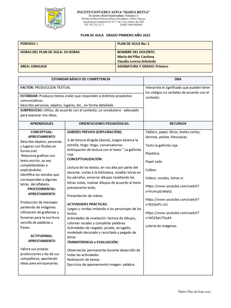 Plan de Aula Primero I Periodo 2022 | PDF | Evaluación | Salón de clases