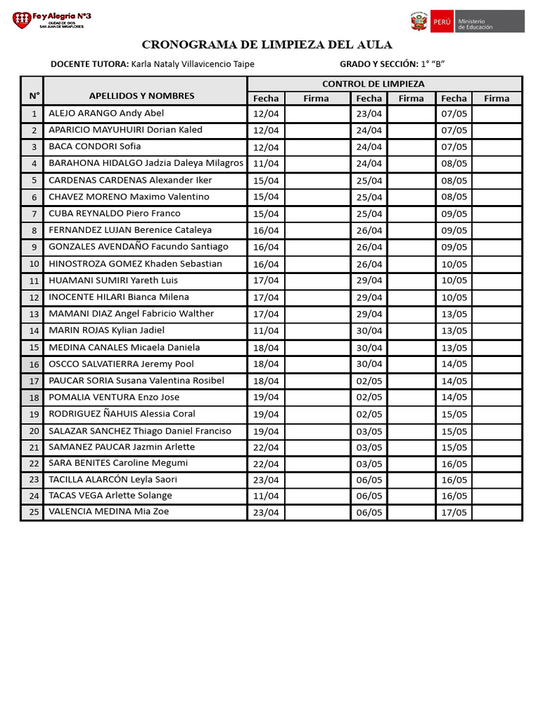 Cronograma de Limpieza 1° B | PDF