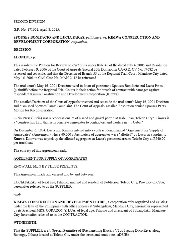 7-Sps. Paras vs. Kimwa | PDF | Parol Evidence Rule | Complaint