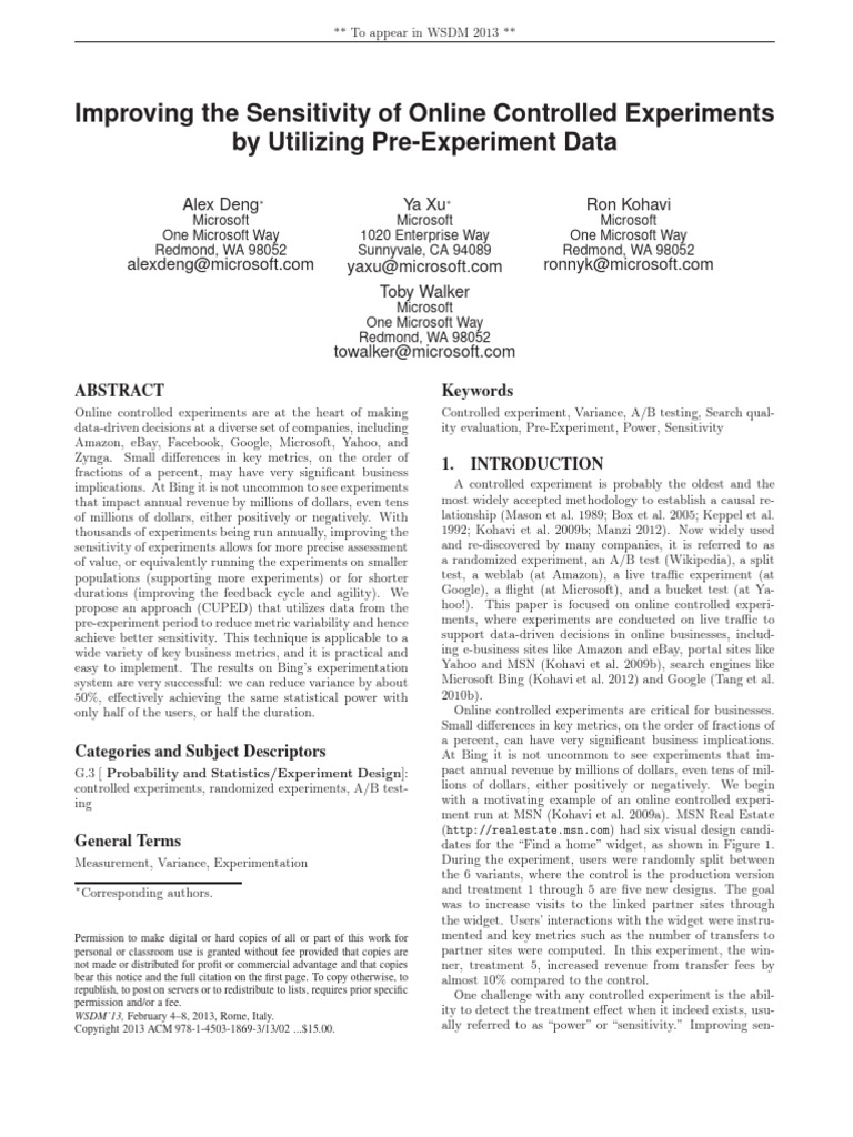 2013 02 CUPED ImprovingSensitivityOfControlledExperiments | PDF ...