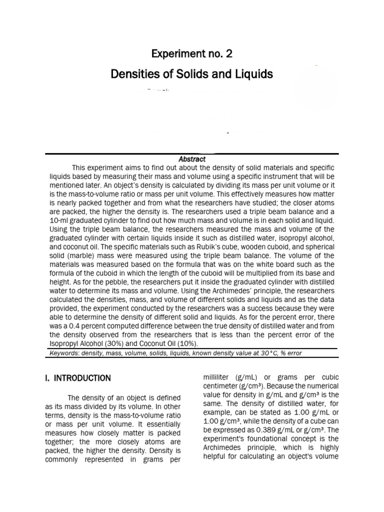 Densities of Solid and Liquid Exp No. 2 Lab Report | PDF | Density | Volume