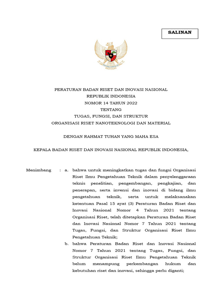 Peraturan BRIN Nomor 14 Tahun 2022 | PDF