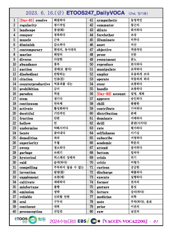 ★2024-EBS 백신보카 (voca) 2200 - 암기용 | PDF