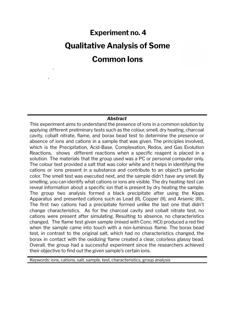 Qualitative Analysis of Some Common Ions Experiment No. 4 Lab Report ...