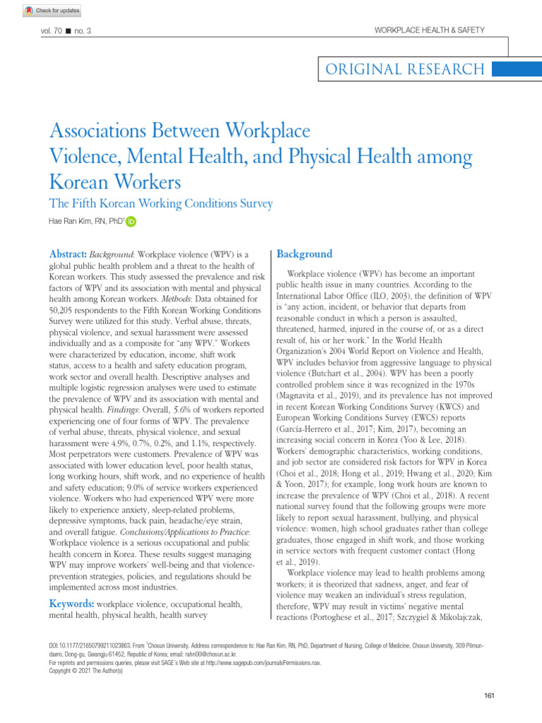 Kim 2021 Associations Between Workplace Violence Mental Health and Physical Health Among Korean ...