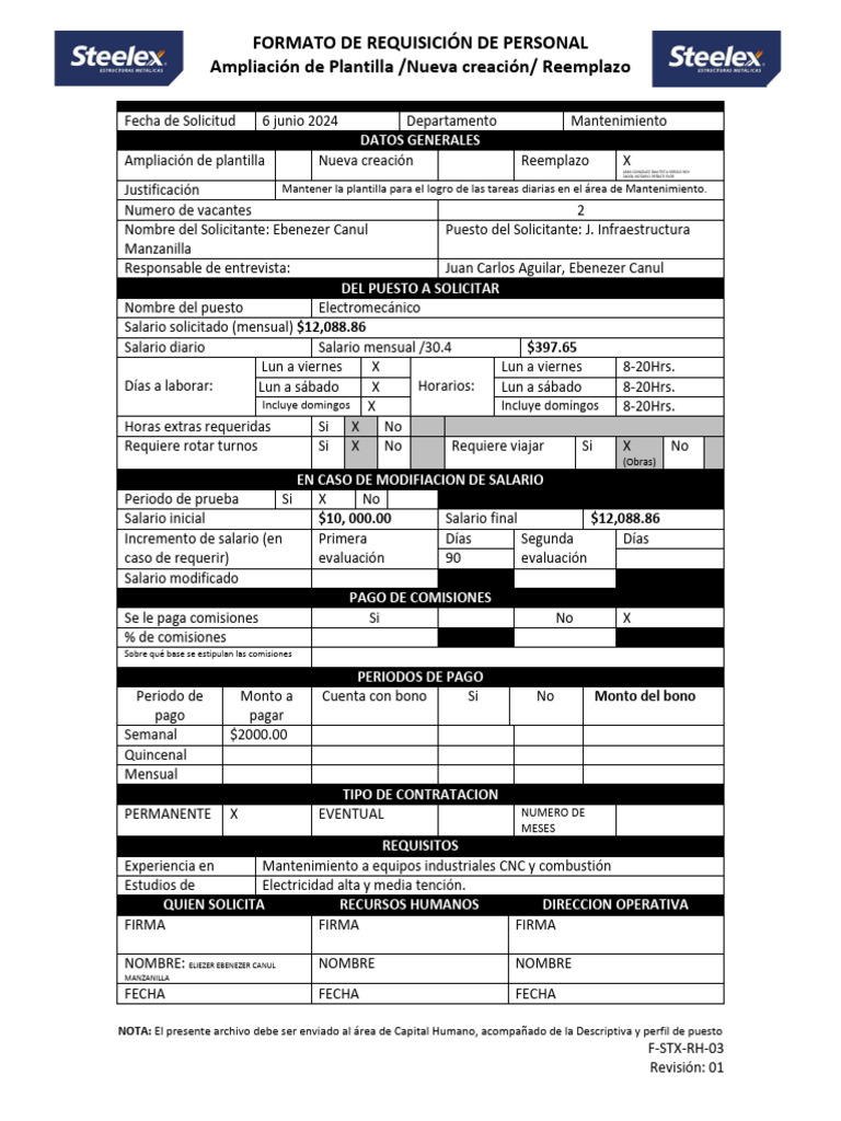 Requisicion de Personal 2024-Electromecanicos | PDF