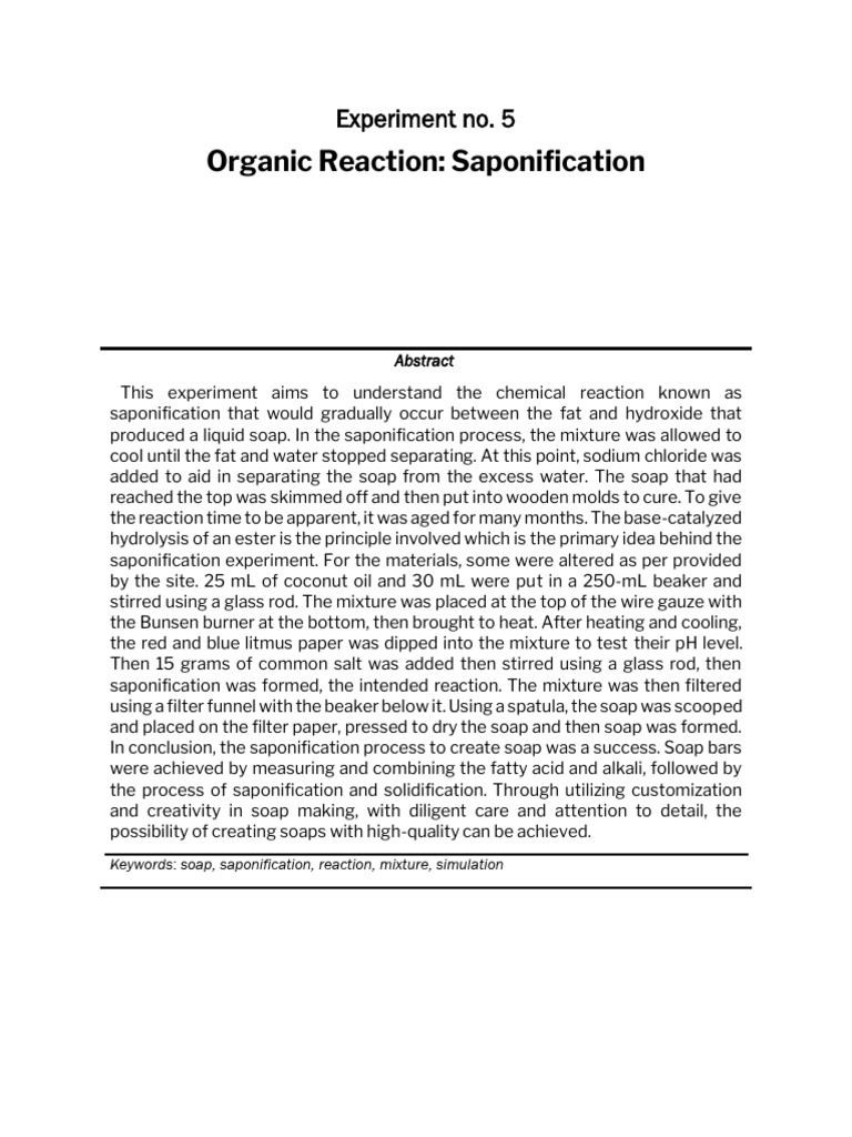 Saponification Exp. No. 5 Lab-Report | PDF | Soap | Sodium Hydroxide