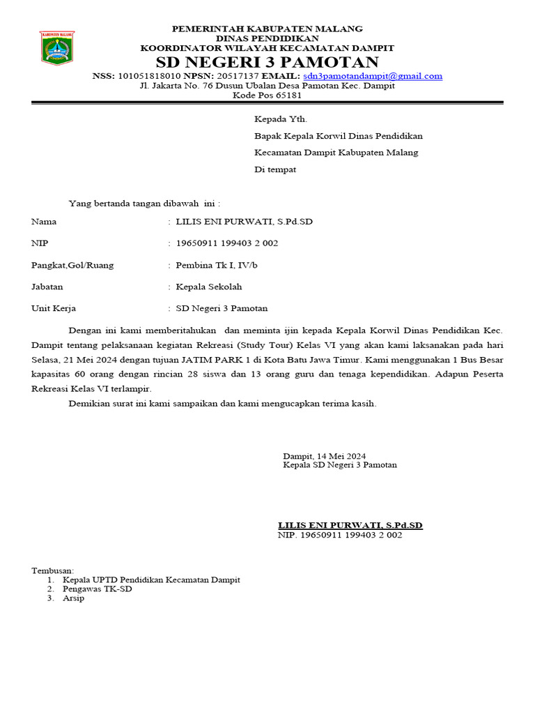 Surat - Ijin - Study - Tour - Rekreasi 2024 | PDF