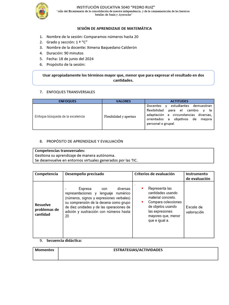 S-Comparamos Números Hasta 20 | PDF | Evaluación | Aprendizaje