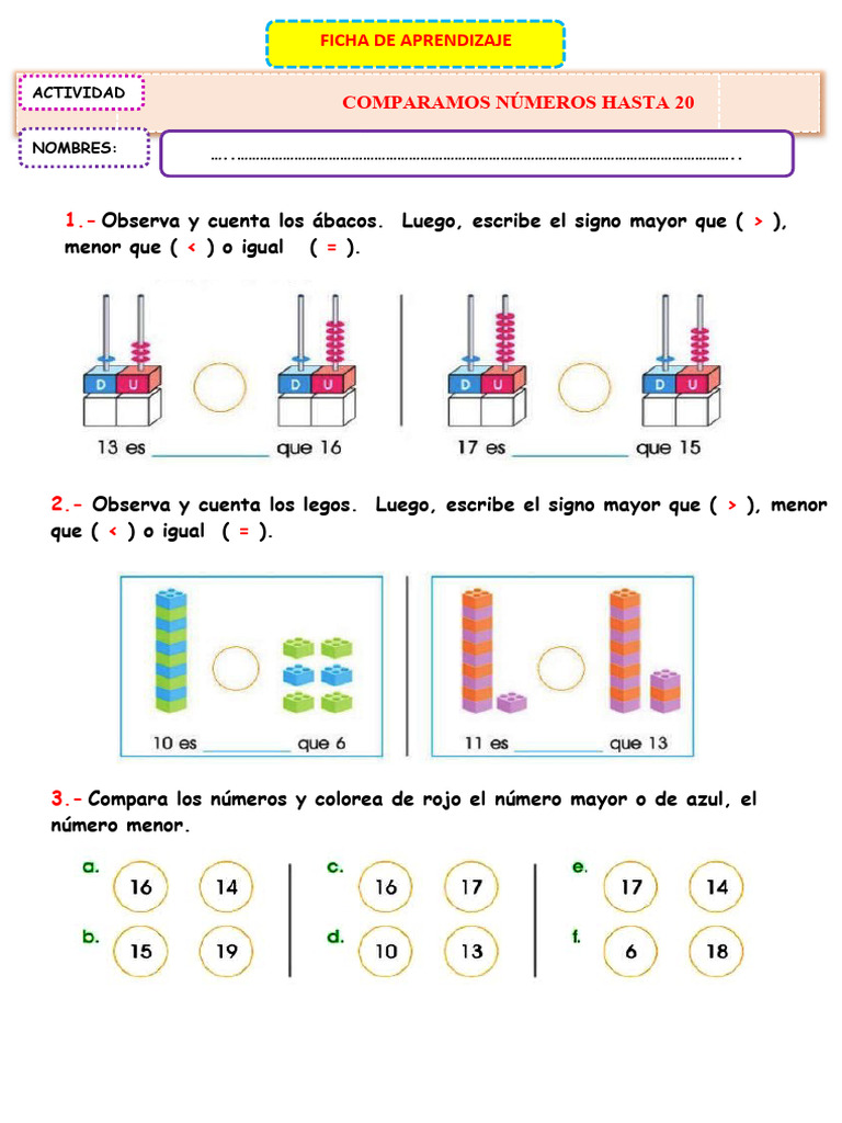 Comparación de Números hasta 20 | PDF