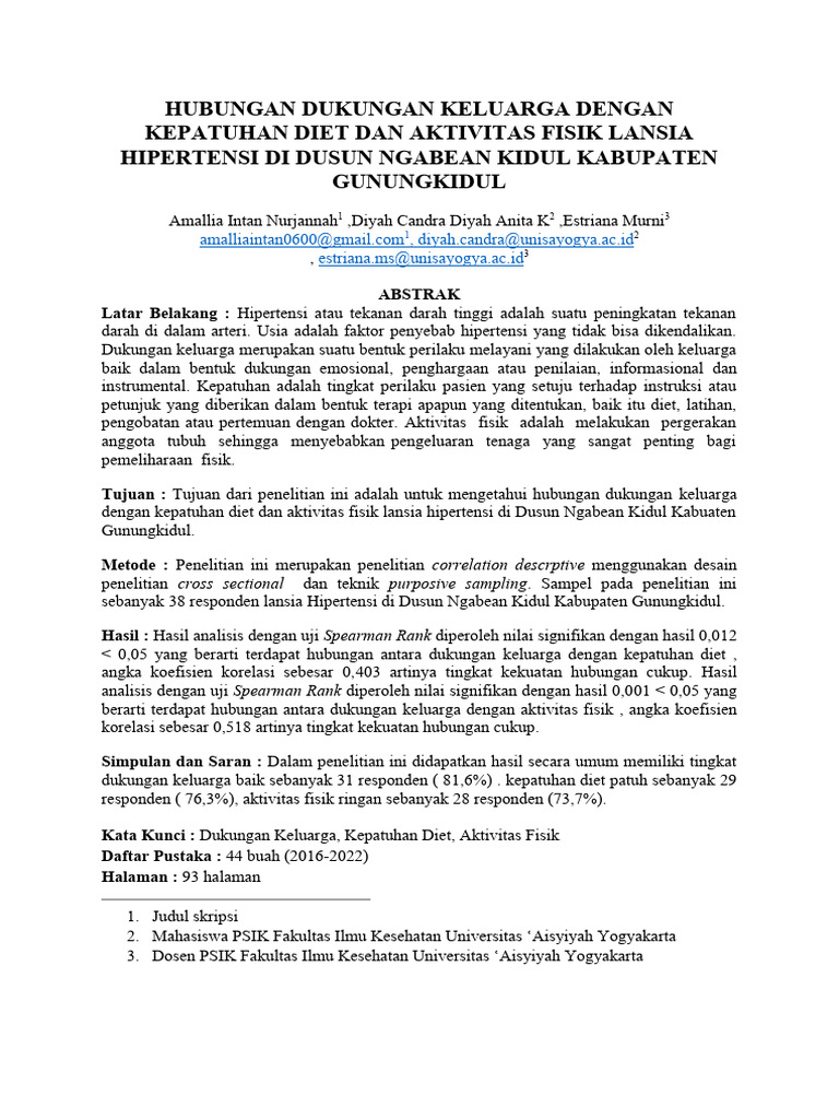 Hubungan Dukungan Keluarga Dengan Kepatuhan Diet Dan Aktivitas Fisik Lansia Hipertensi Di Dusun ...