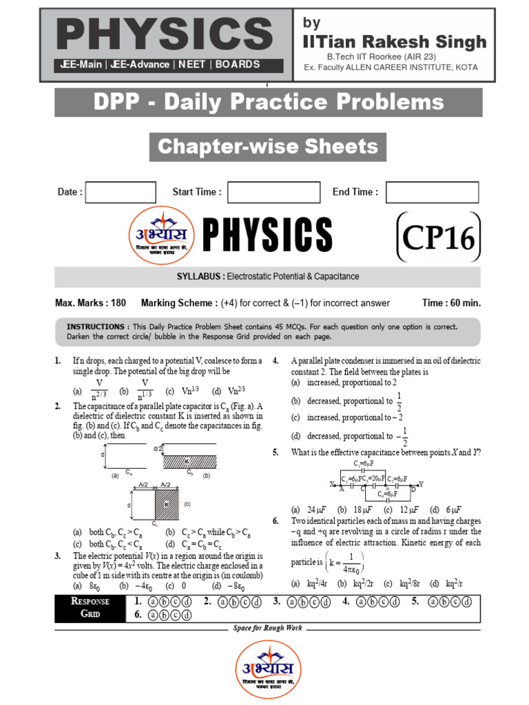 DPP 16 Electric Potential Capacitance | PDF | Capacitor | Capacitance