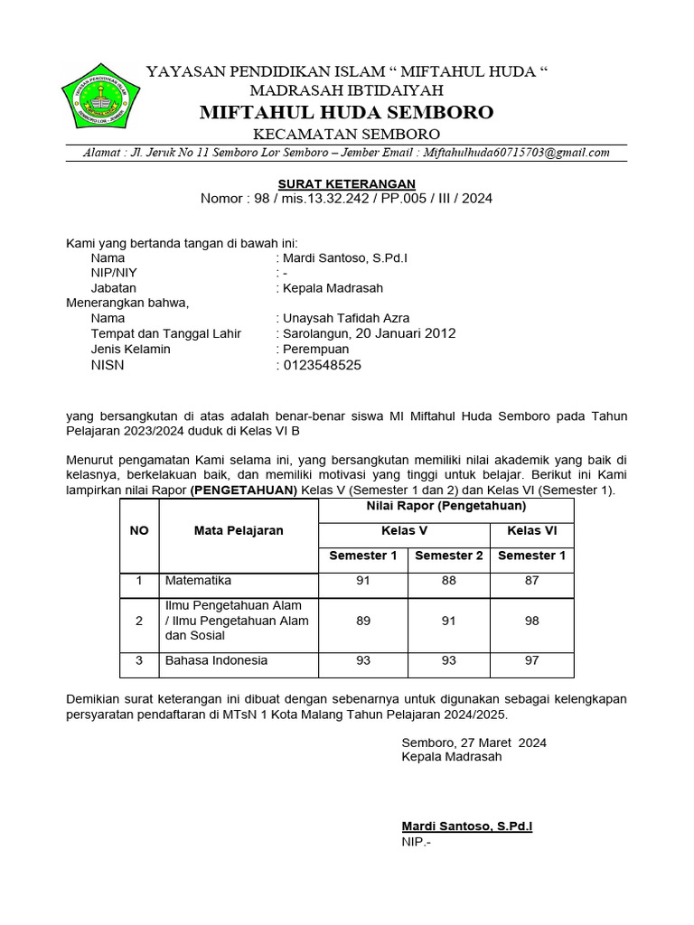 1. Surat Keterangan Rekapitulasi Nilai Rapor PPDB 2024-2025 | PDF