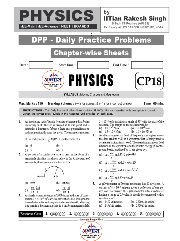 DPP 18 Moving Charges Magnetism | PDF | Magnetic Field | Electron