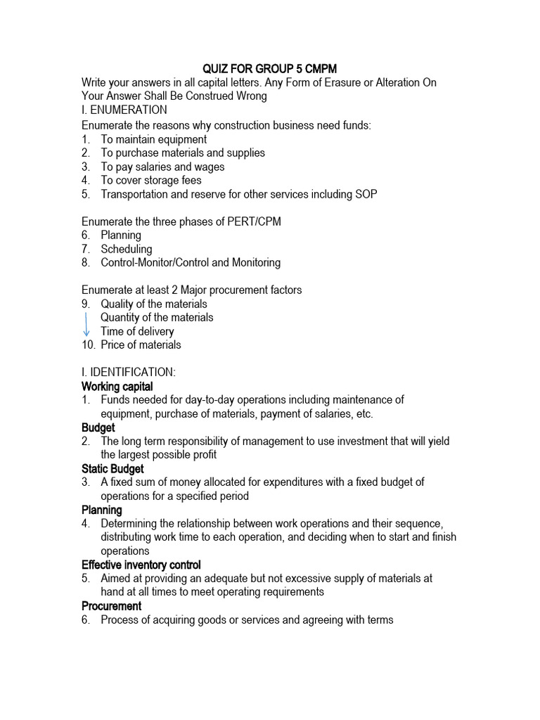 Anwer Key For QUIZ FOR GROUP 5 CMPM | PDF | Budget | Salary