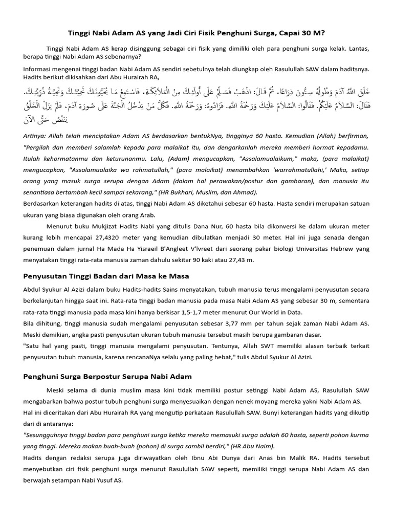 Tinggi Nabi Adam AS Yang Jadi Ciri Fisik Penghuni Surga | PDF