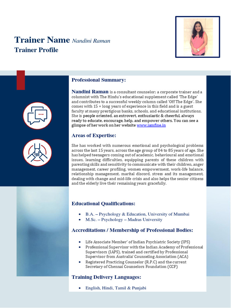 Nandini Raman - Trainer Profile | PDF | Psychology | Behavioural Sciences